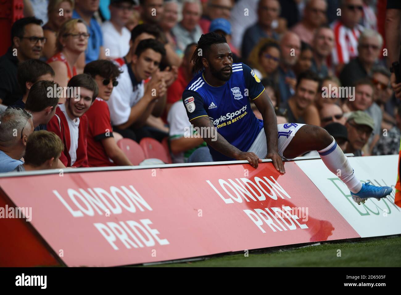Birmingham City's Kerim Mrabti is forced into the crowd by a shoulder ...