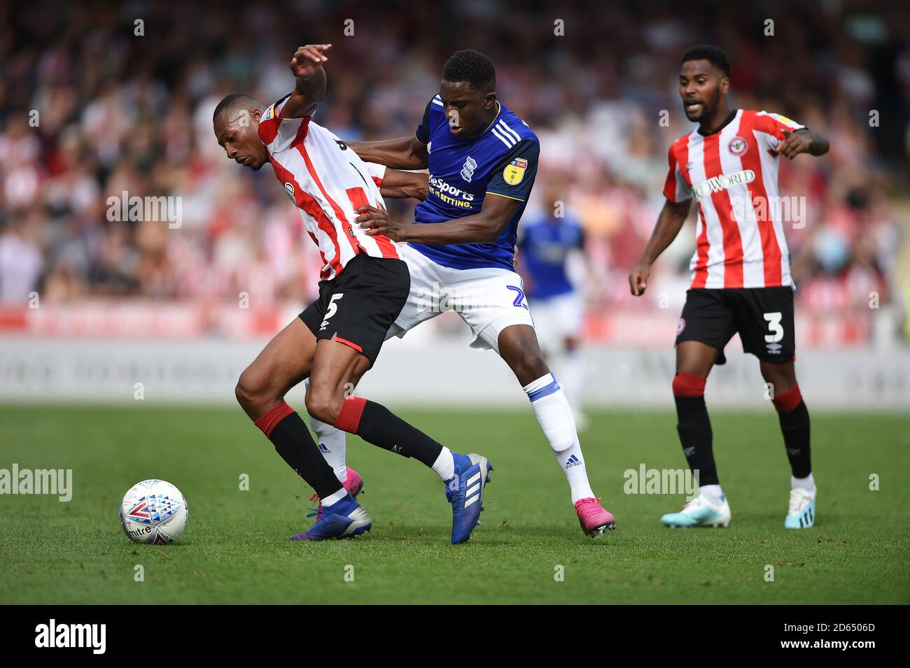 Birmingham City's Wes Harding (left) and Brentford's Ethan Pinnock ...