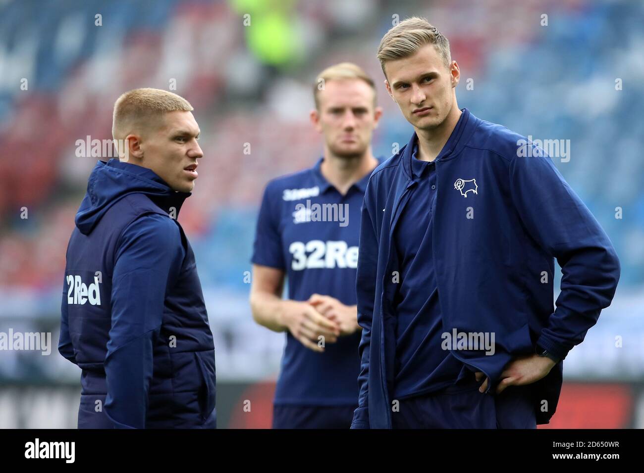 Derby County's Martyn Waghorn (left) and team-mate goalkeeper Henrich ...