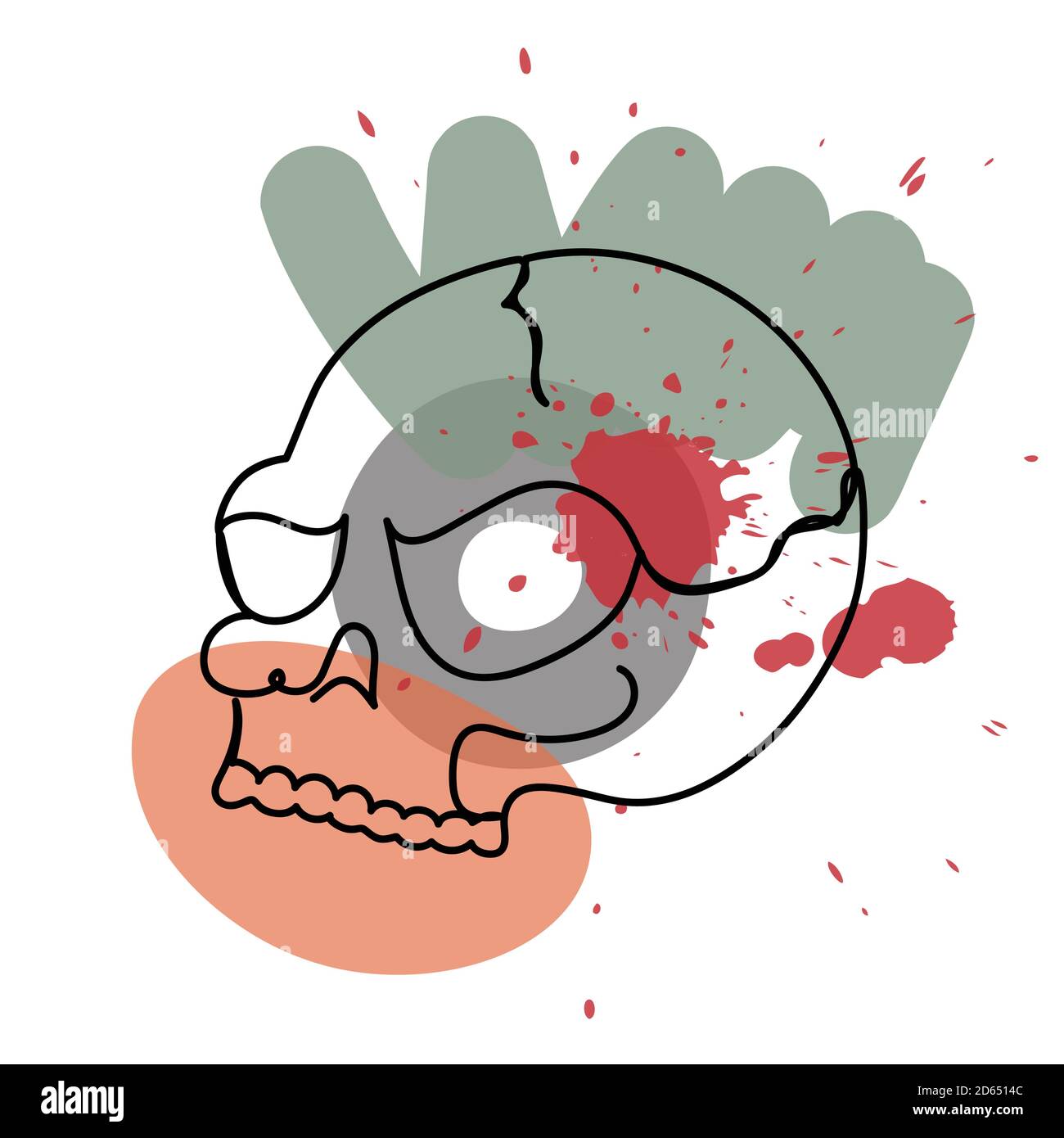 Scull in a hand drawn linear style with colorful abstract stains ...