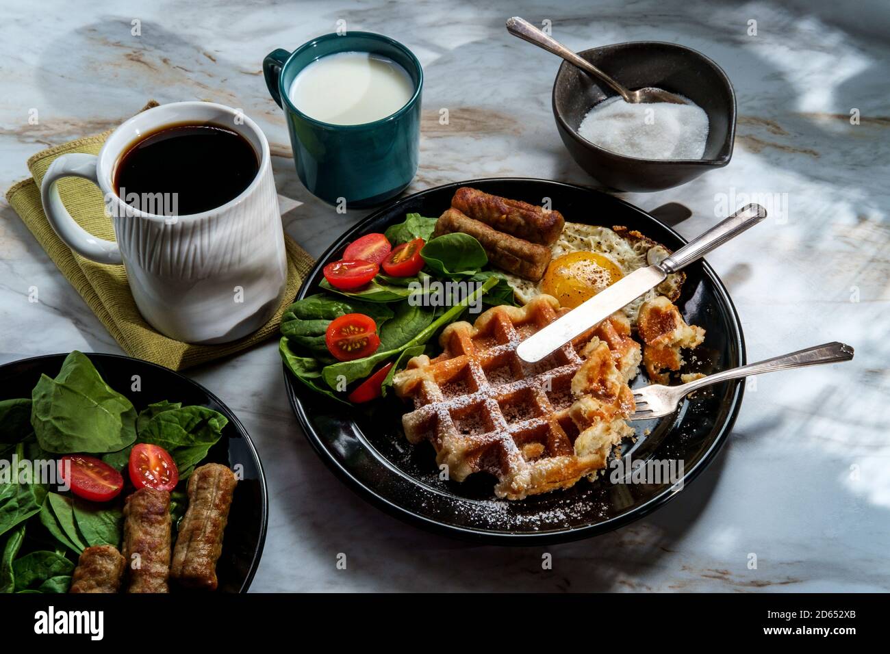 Belgian waffle breakfast served with sausage eggs and coffee Stock ...