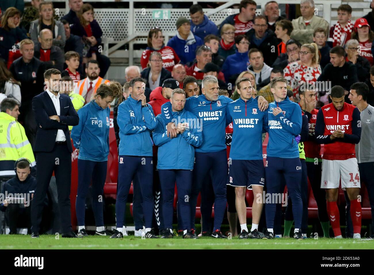 Middlesbrough's bench including manager Jonathan Woodgate (left) during ...