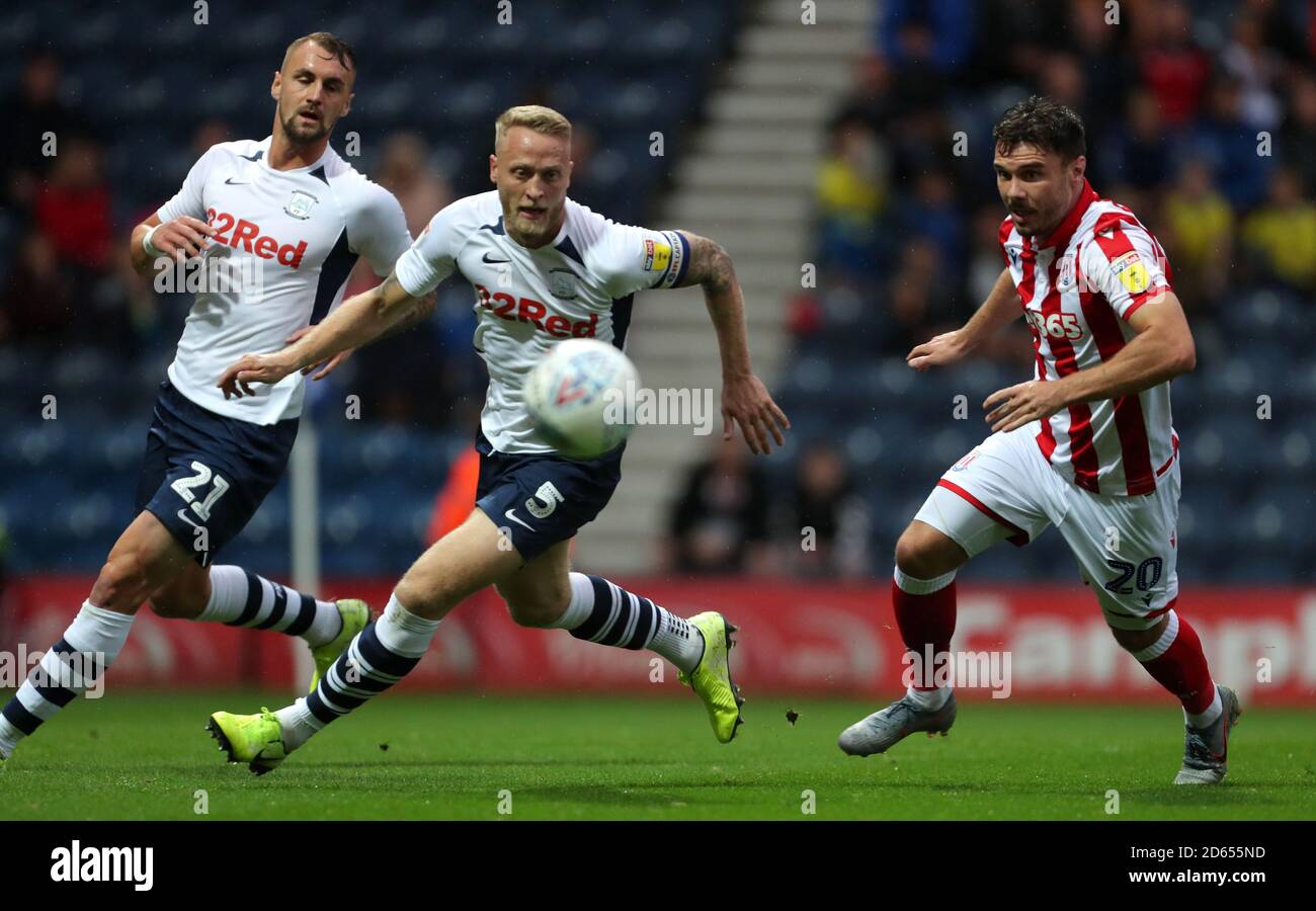 Preston North End's Patrick Bauer, Tom Clarke and Stoke City's Scott ...