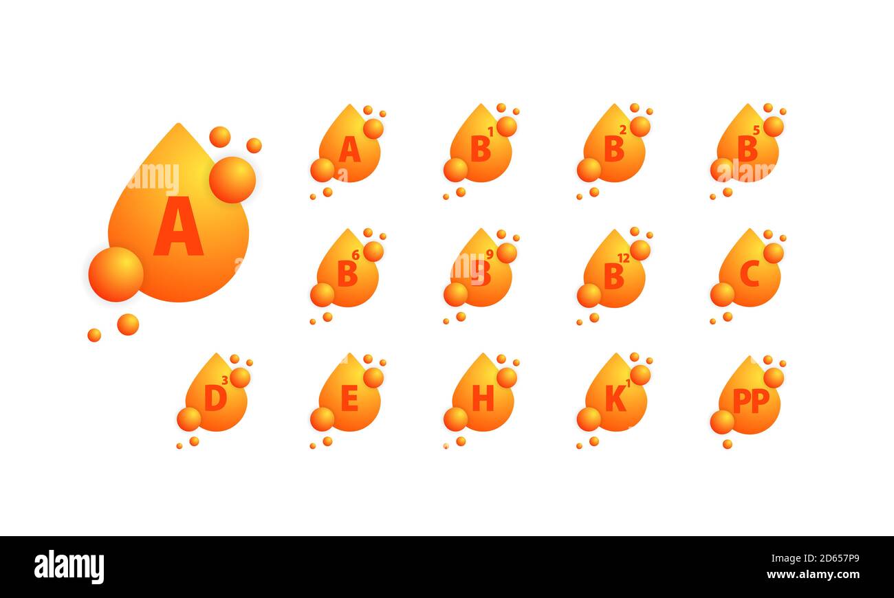 Vitamin icons set. Organic vitamin gold drop. Vitamin A B1 B2 B12 C D3 ...
