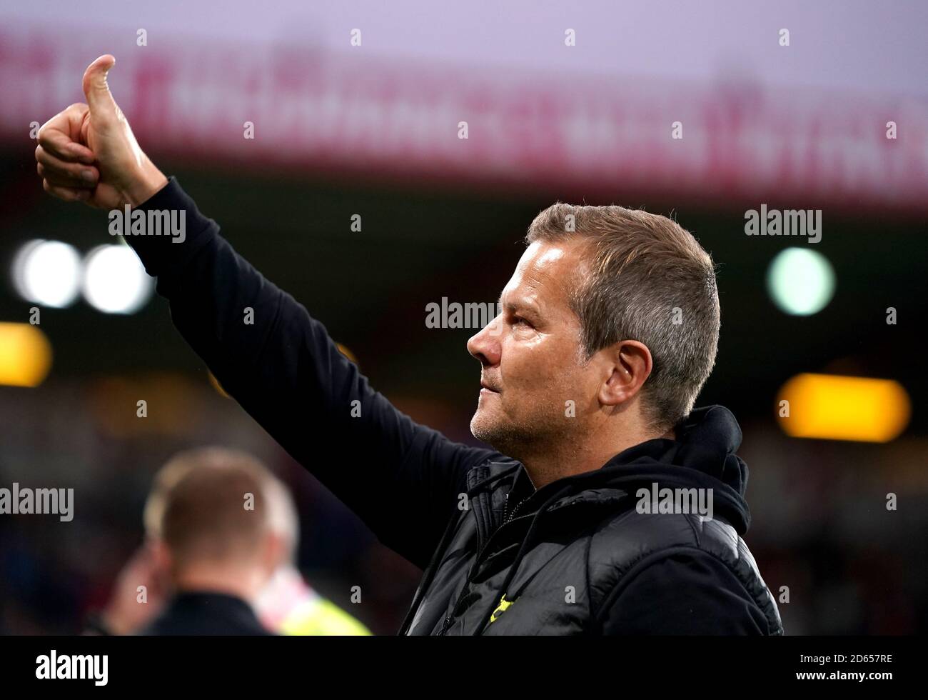 Forest Green Rovers' manager Mark Cooper gives a thumbs up sign before ...