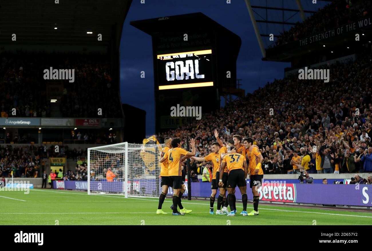 Wolverhampton Wanderers' players celebrate the first goal Stock Photo ...
