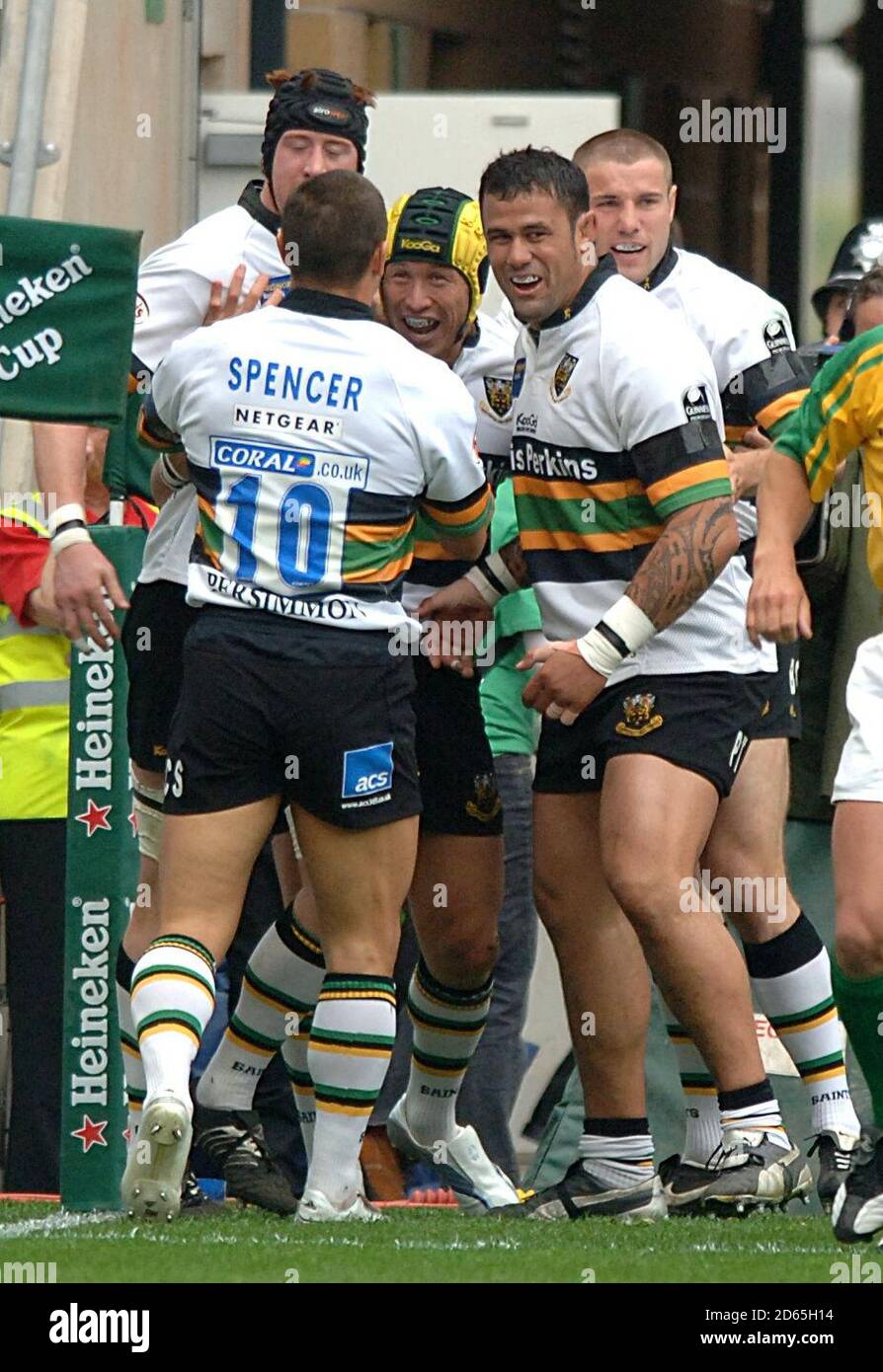 Northampton Saints' Bruce Reihana (centre wearing scull cap) celebrates ...