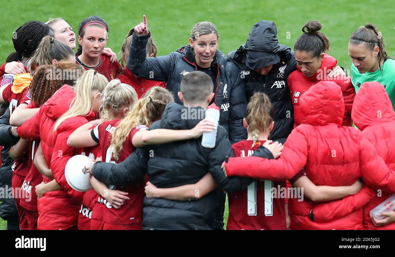 Liverpool manger Vicky Jepson conducts a team talk on the pitch after ...