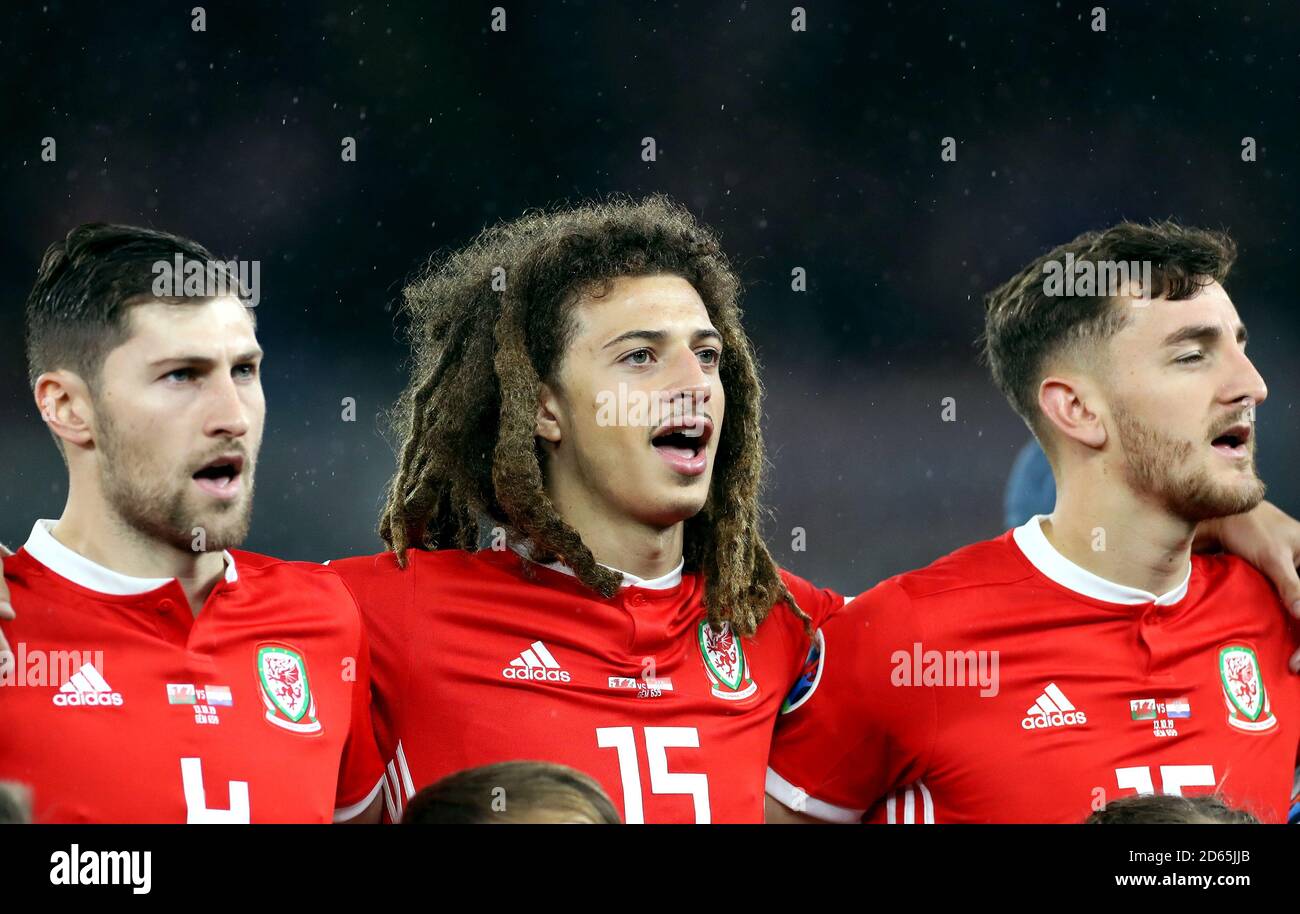 Wales' Ben Davies, Ethan Ampadu and Tom Lockyer (left to right) lineup ...