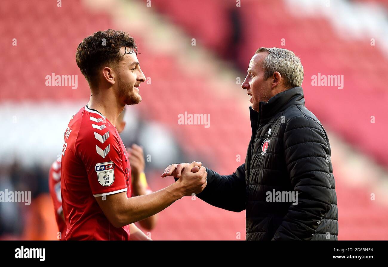Charlton Athletic's Tom Lockyer greets manager Lee Bowyer after the ...