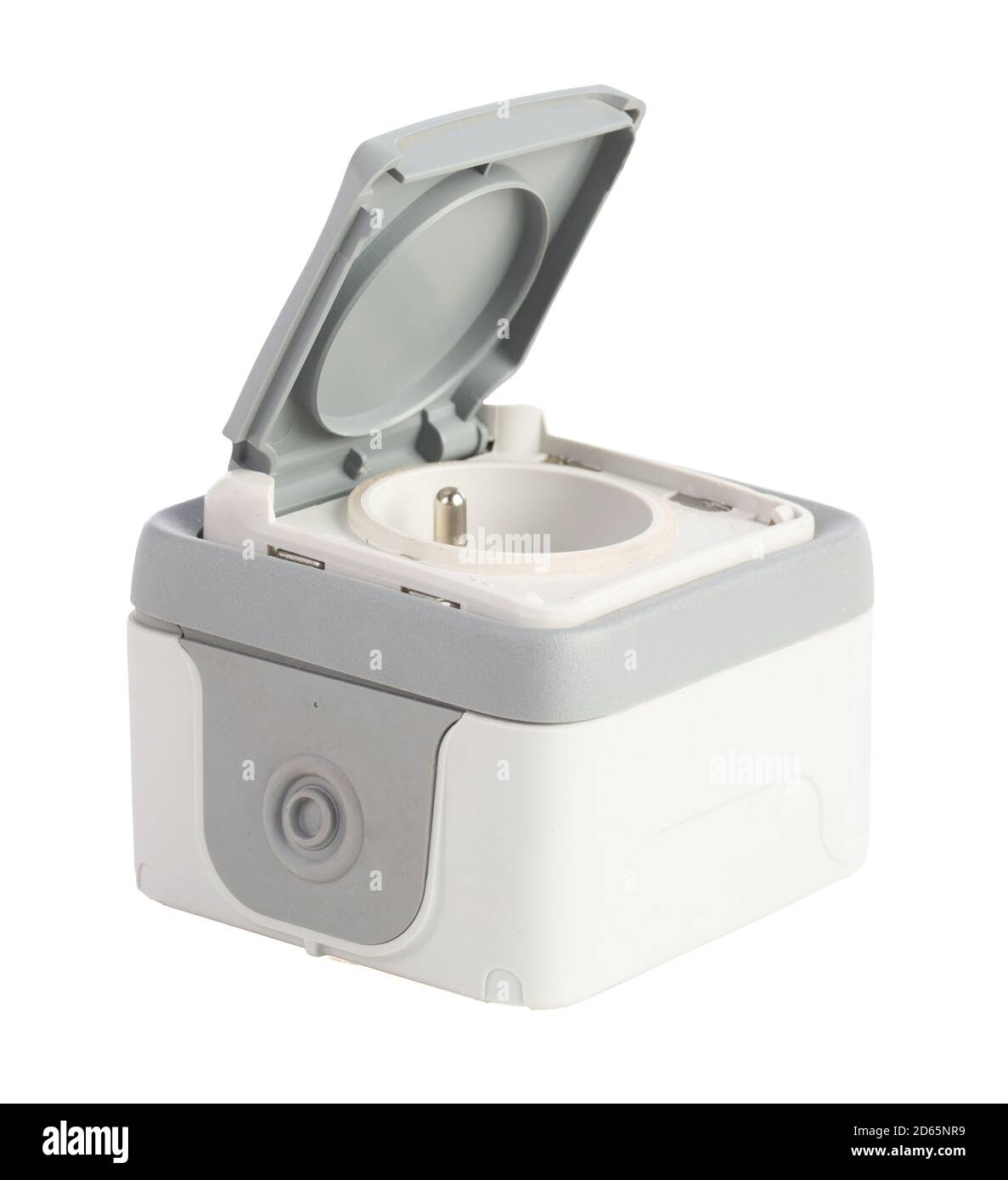 Grey outdoor electrical outlet on white background Stock Photo - Alamy