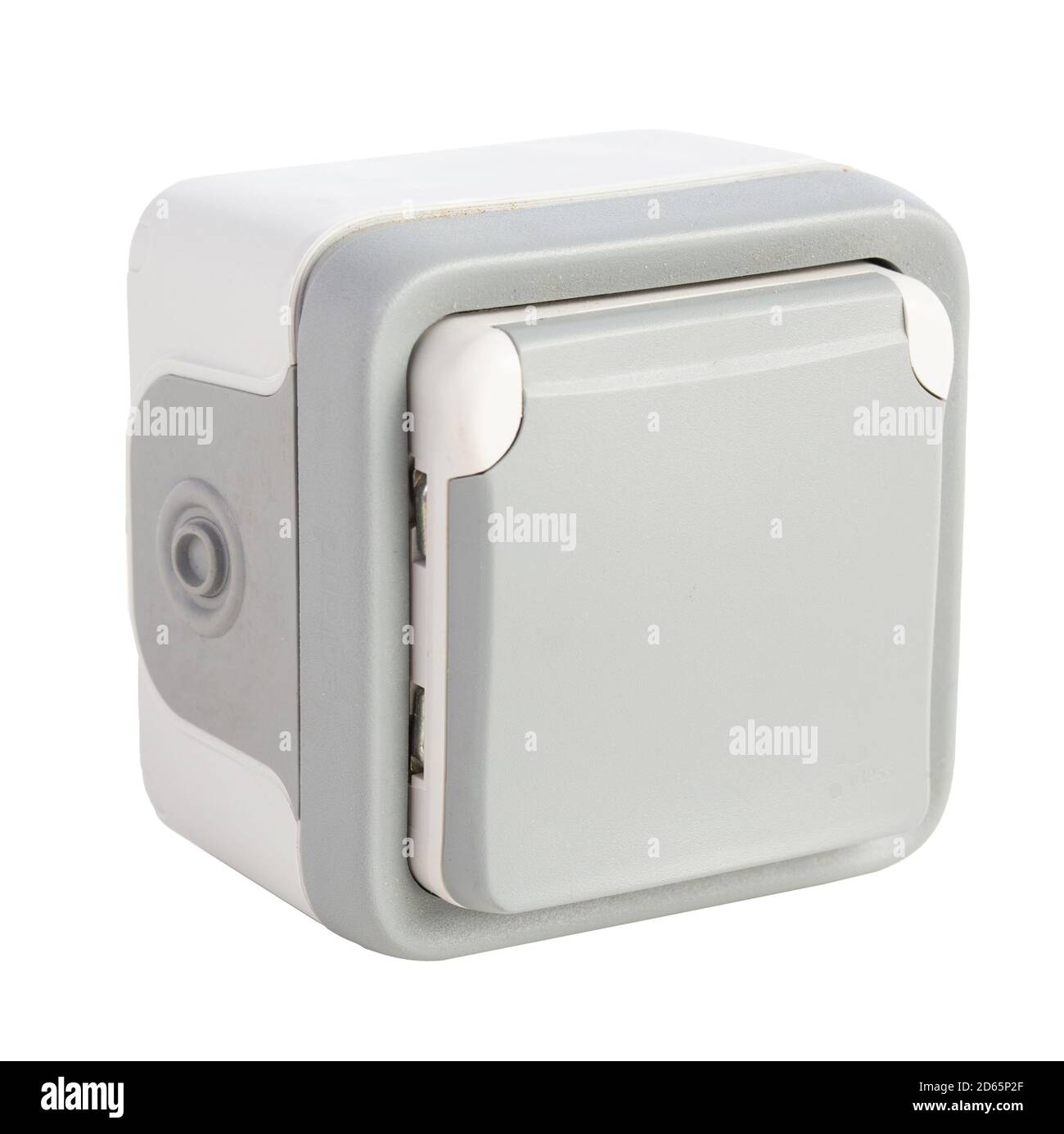 Grey outdoor electrical outlet on white background Stock Photo - Alamy
