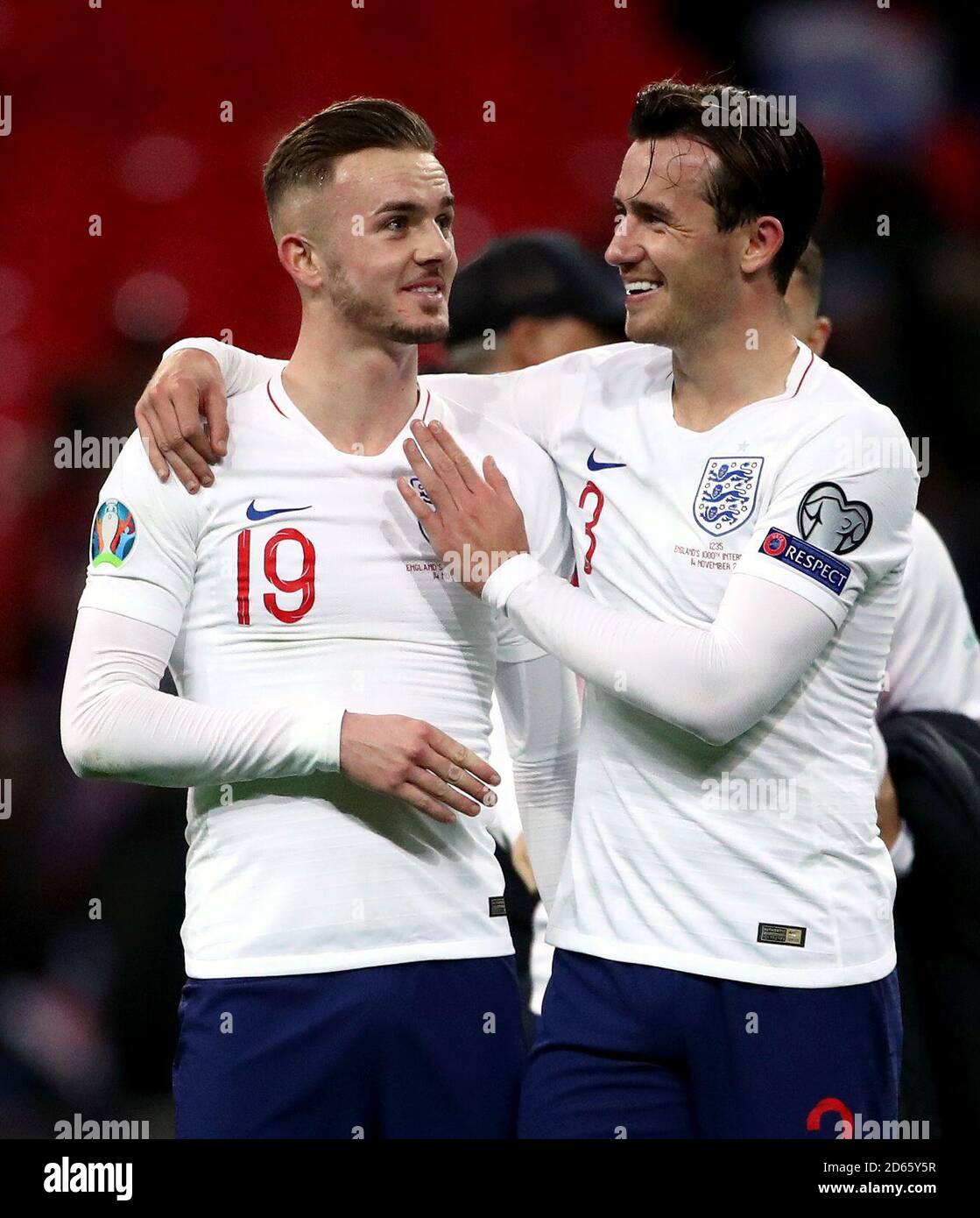 England's James Maddison (left) and Ben Chilwell celebrate their win ...