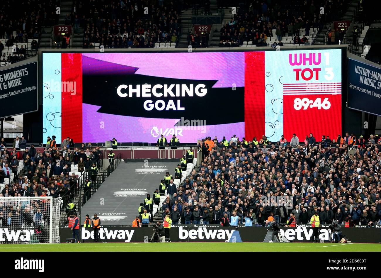 A general view of the tv screen as VAR is used to check a goal scored ...
