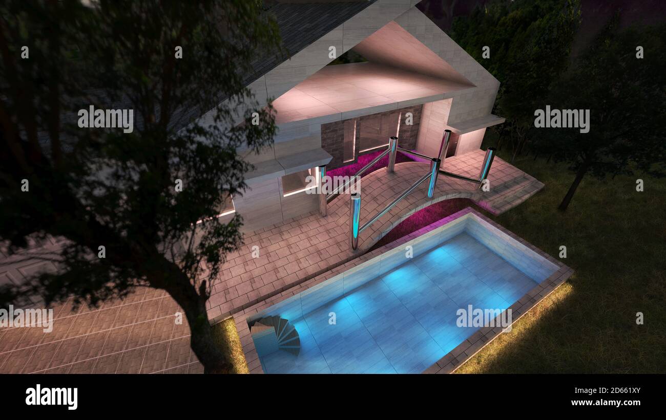 VILLA 3D RENDERING TOP LEFT SIDE VIEW Stock Photo - Alamy