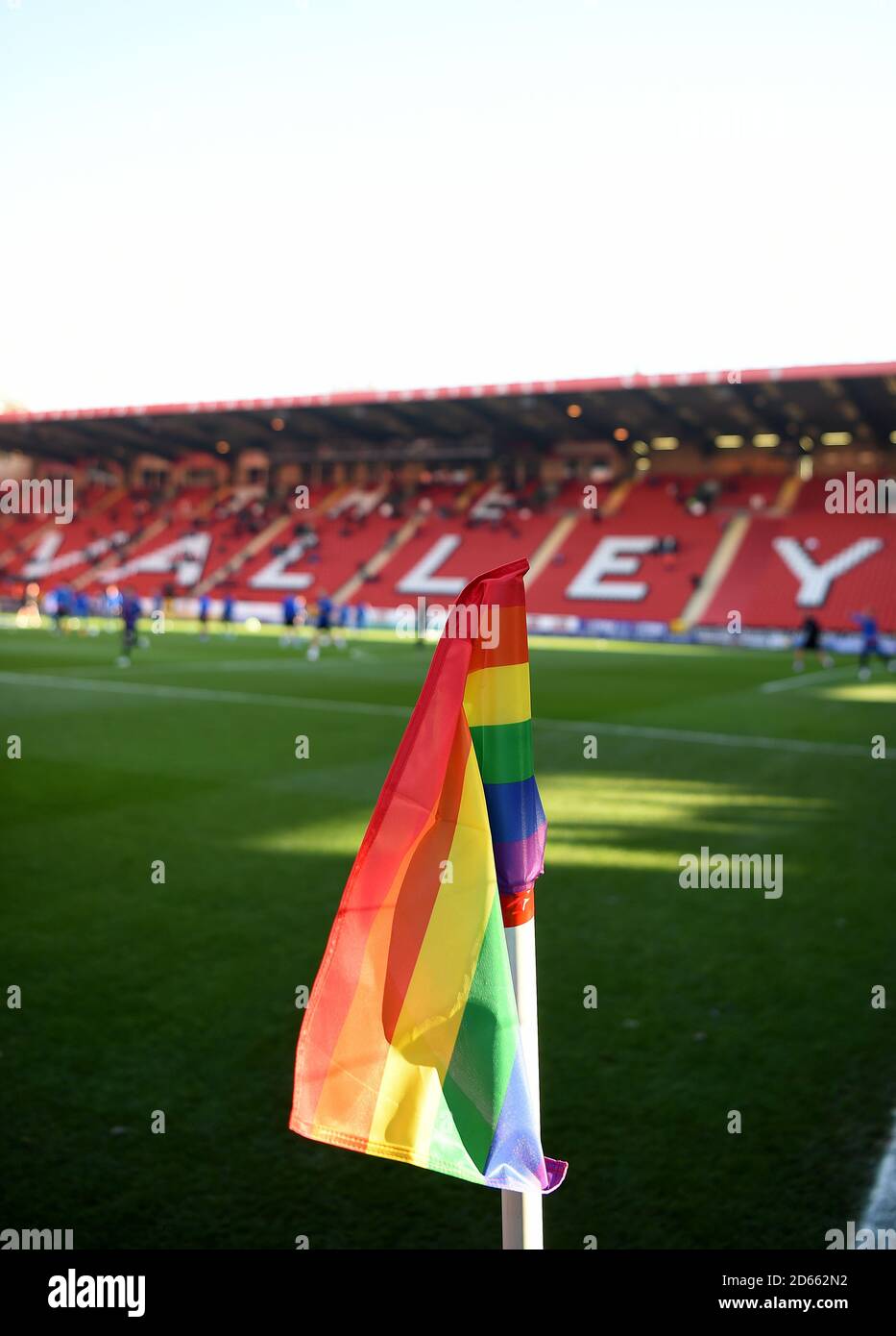 A rainbow corner flag in support of the Stonewall campaign before the ...