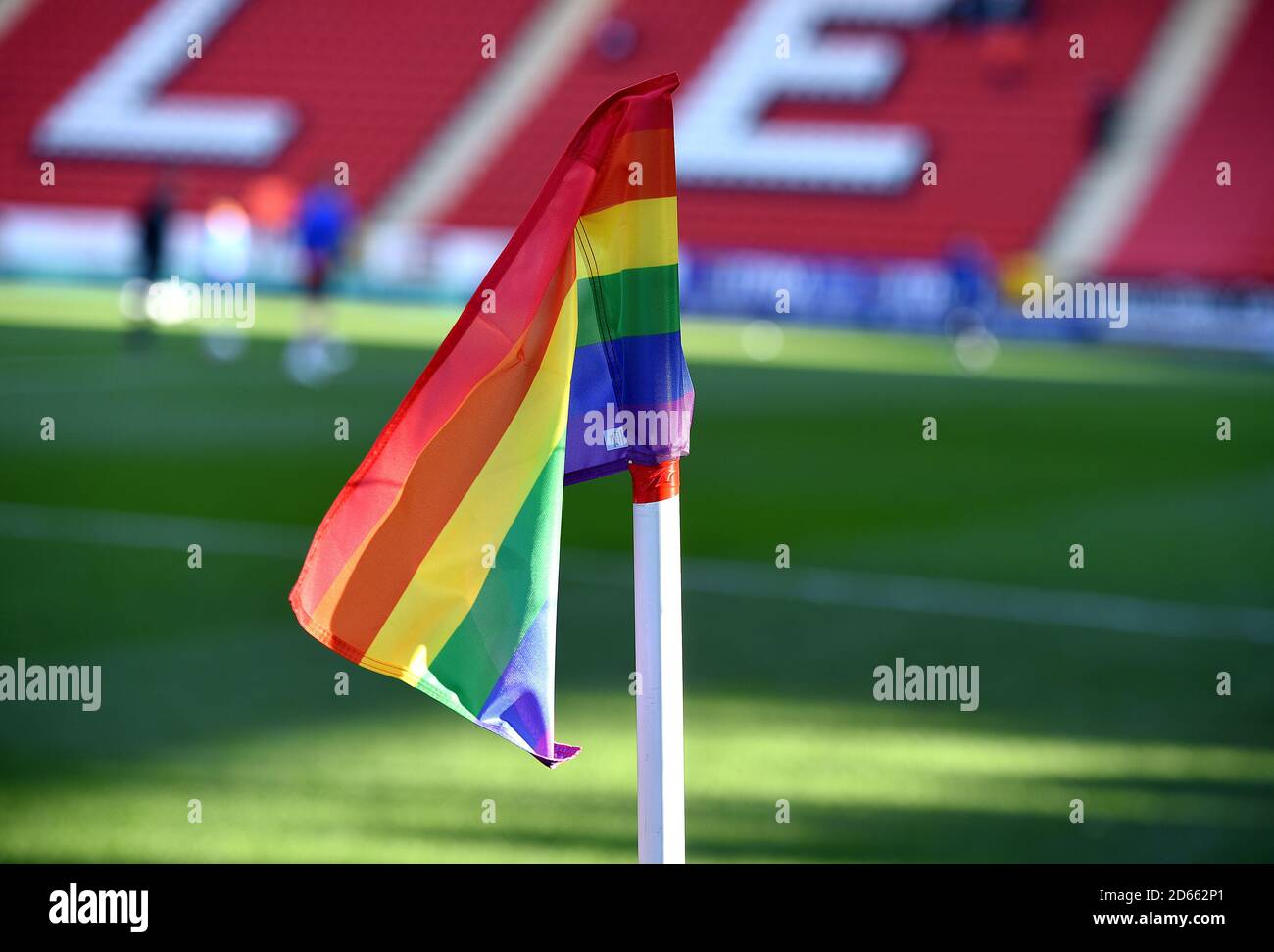 A rainbow corner flag in support of the Stonewall campaign before the ...