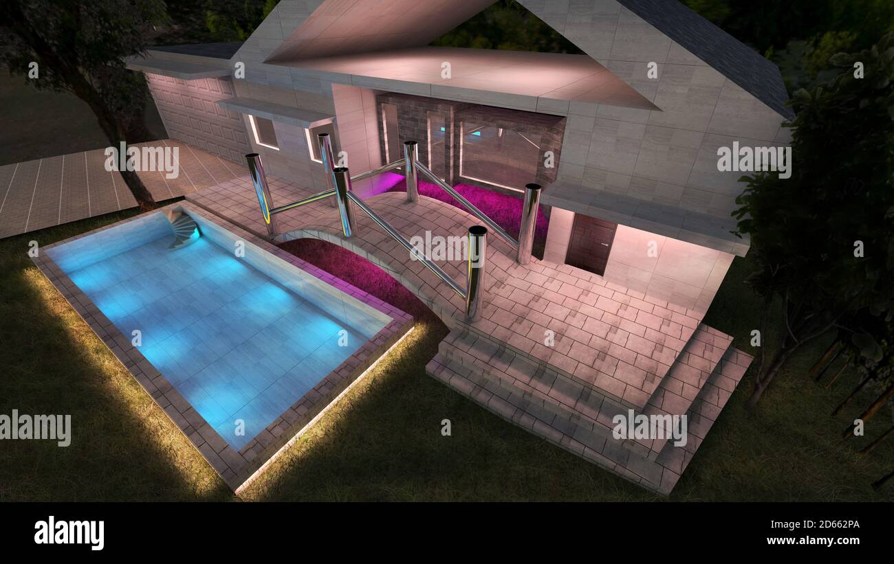 VILLA 3D RENDERING TOP RIGHT SIDE VIEW Stock Photo - Alamy