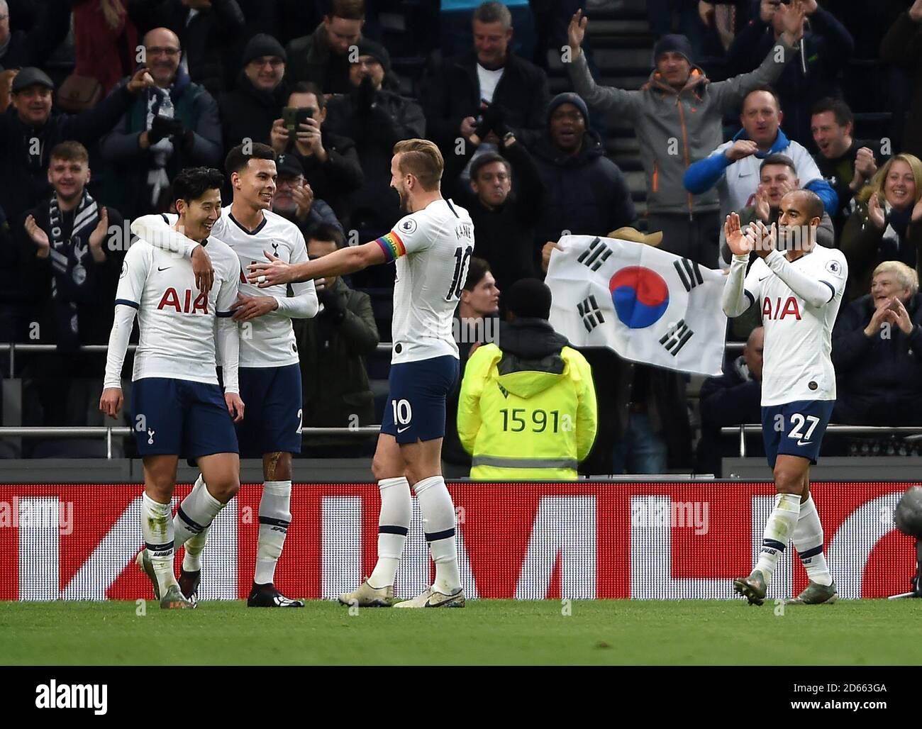 Tottenham Hotspurs Son Heung Min Left Celebrates Scoring His Sides