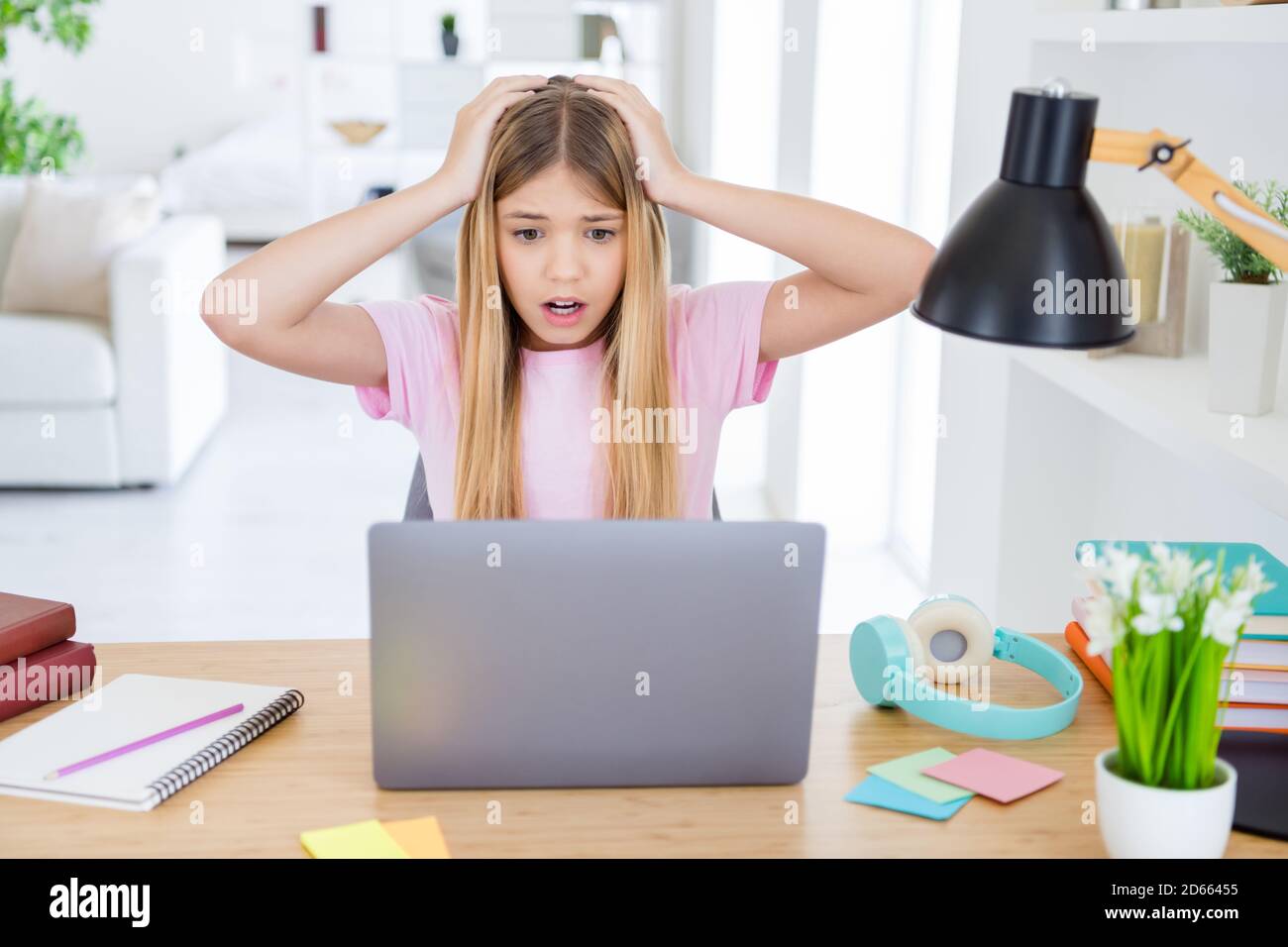 Oh no i fail my semester test. Frustrated kid girl sit table desk study ...