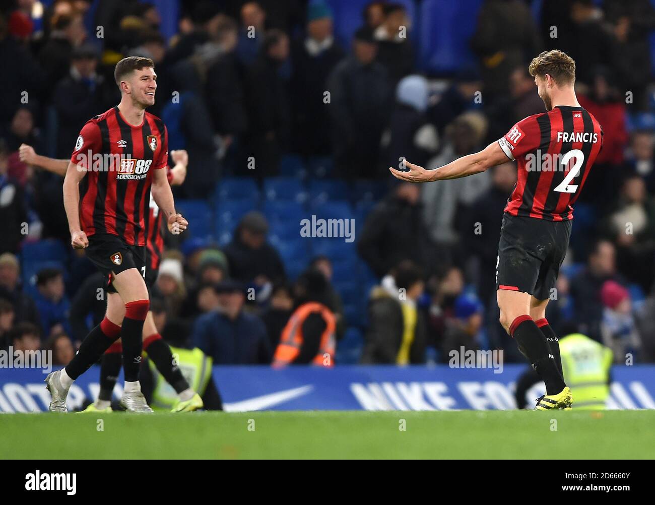 Bournemouth's Chris Mepham (left) and Simon Francis celebrate after the ...