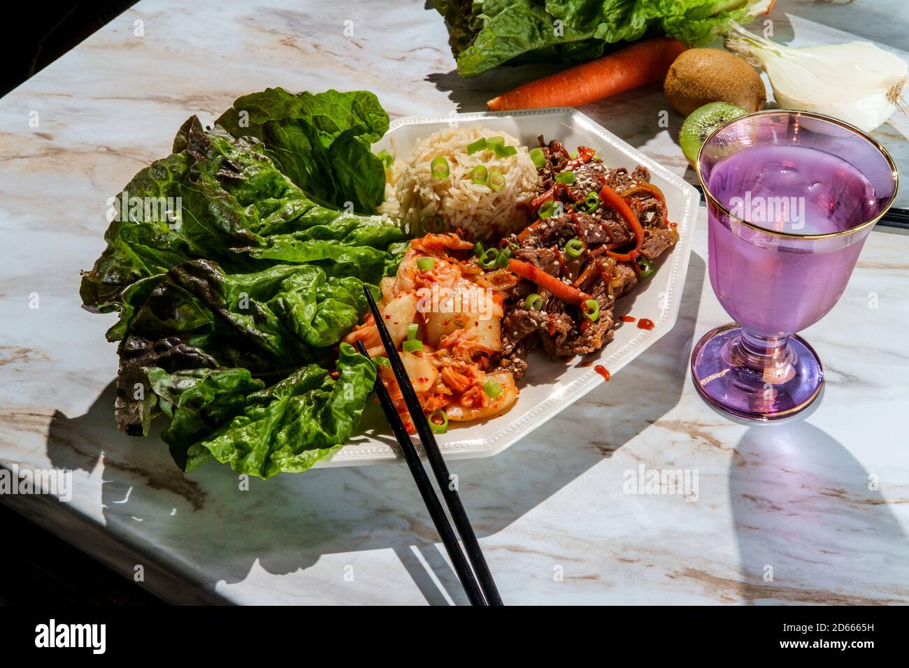 Korean beef bulgogi ssambap lettuce wraps with spicy kimchi and ...