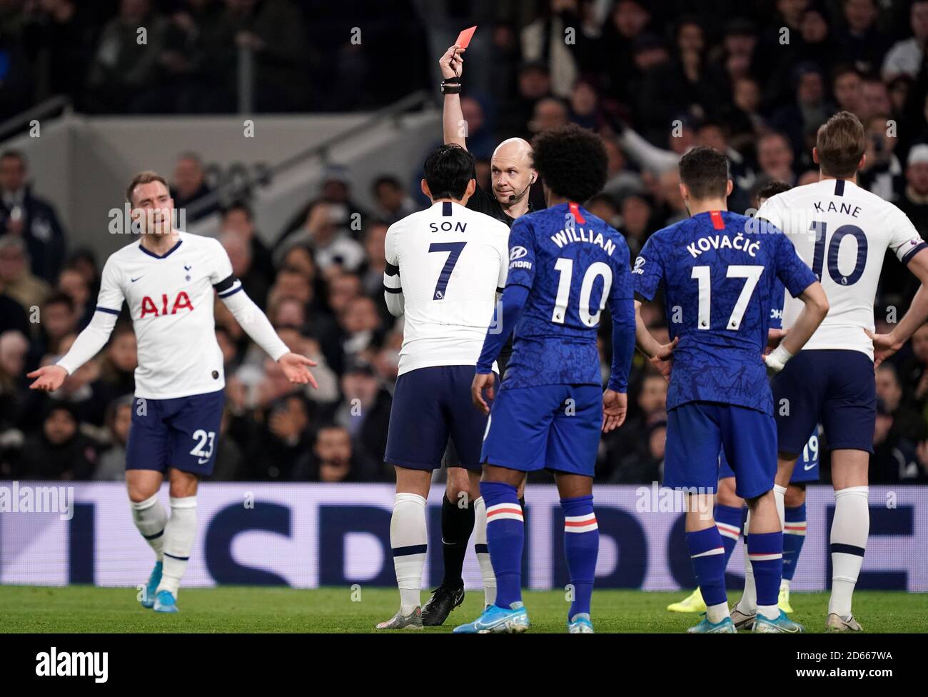 Tottenham Hotspur's Son Heung-min is shown a red card by referee ...
