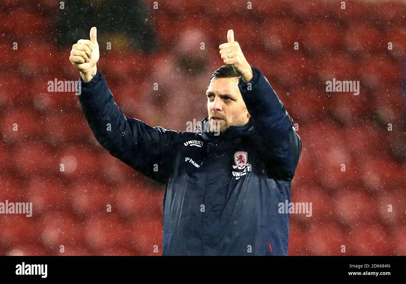 Middlesbrough manager Jonathan Woodgate acknowledges the fans after the ...