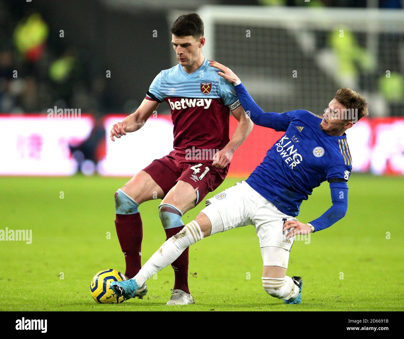 West Ham United's Declan Rice (left) and Leicester City's James ...