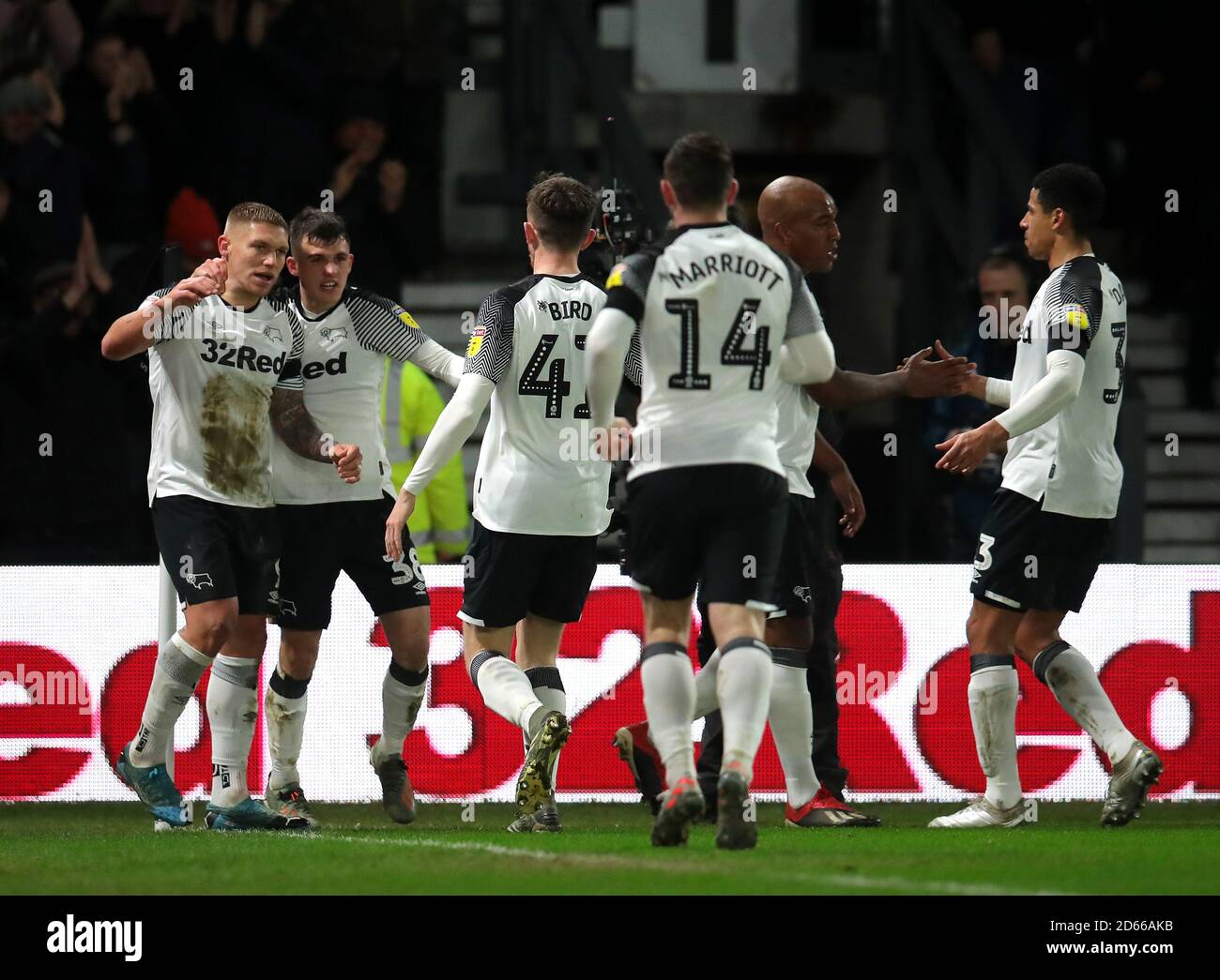 Derby County players celebrate after scoring the sides second goal ...