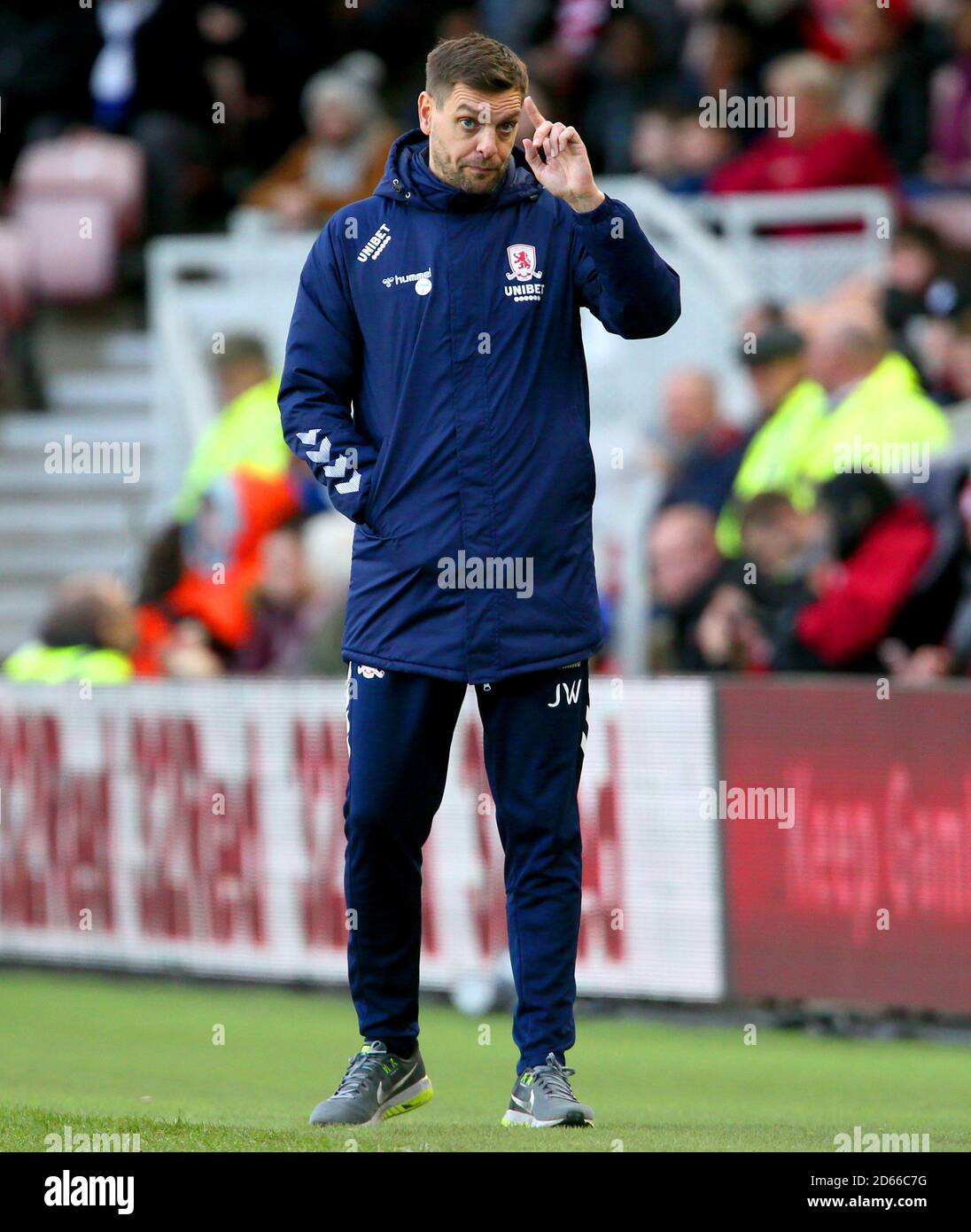 Middlesbrough manager Jonathan Woodgate gestures on the touchline Stock ...