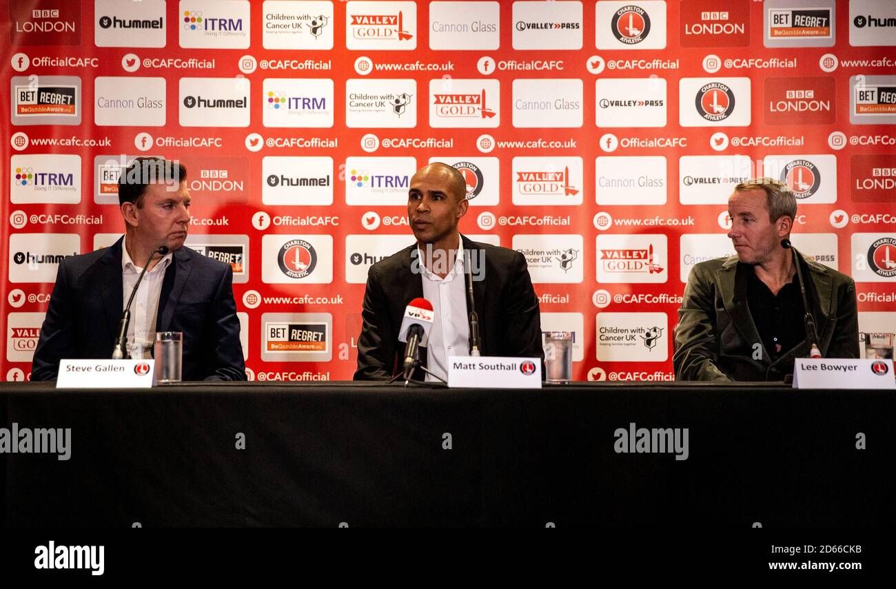 Steve Gallen, Matt Southall and Lee Bowyer during the press conference ...