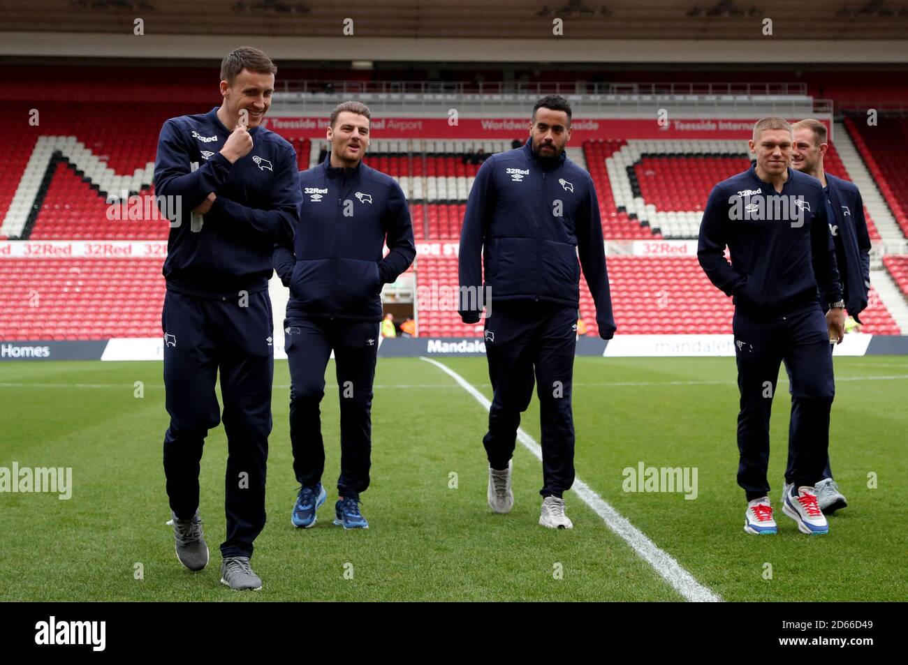 Derby County players on the pitch at Middlesbrough's Riverside Stadium ...