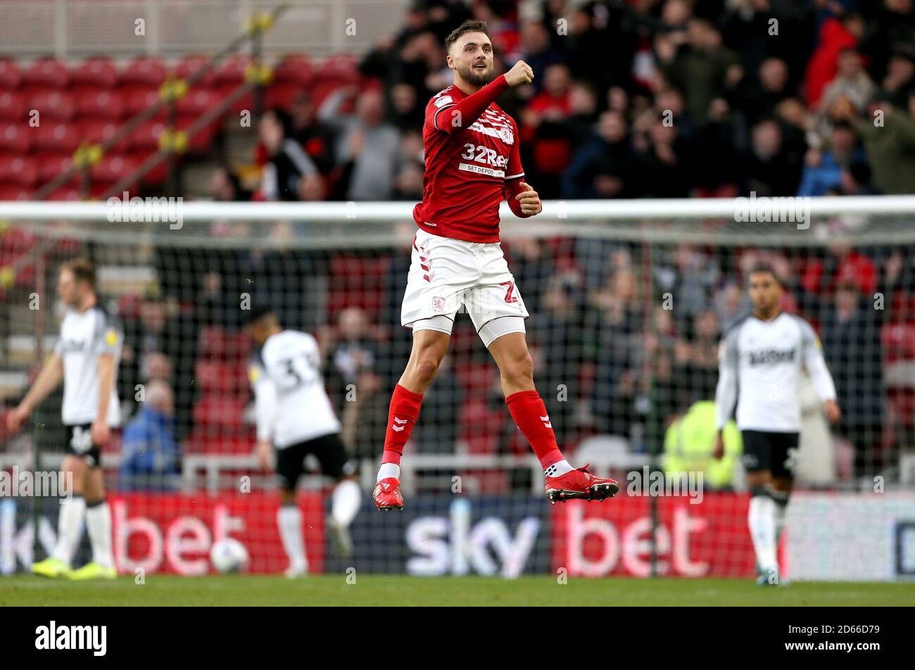 Middlesbrough's Lewis Wing celebrates scoring his side's first goal of ...