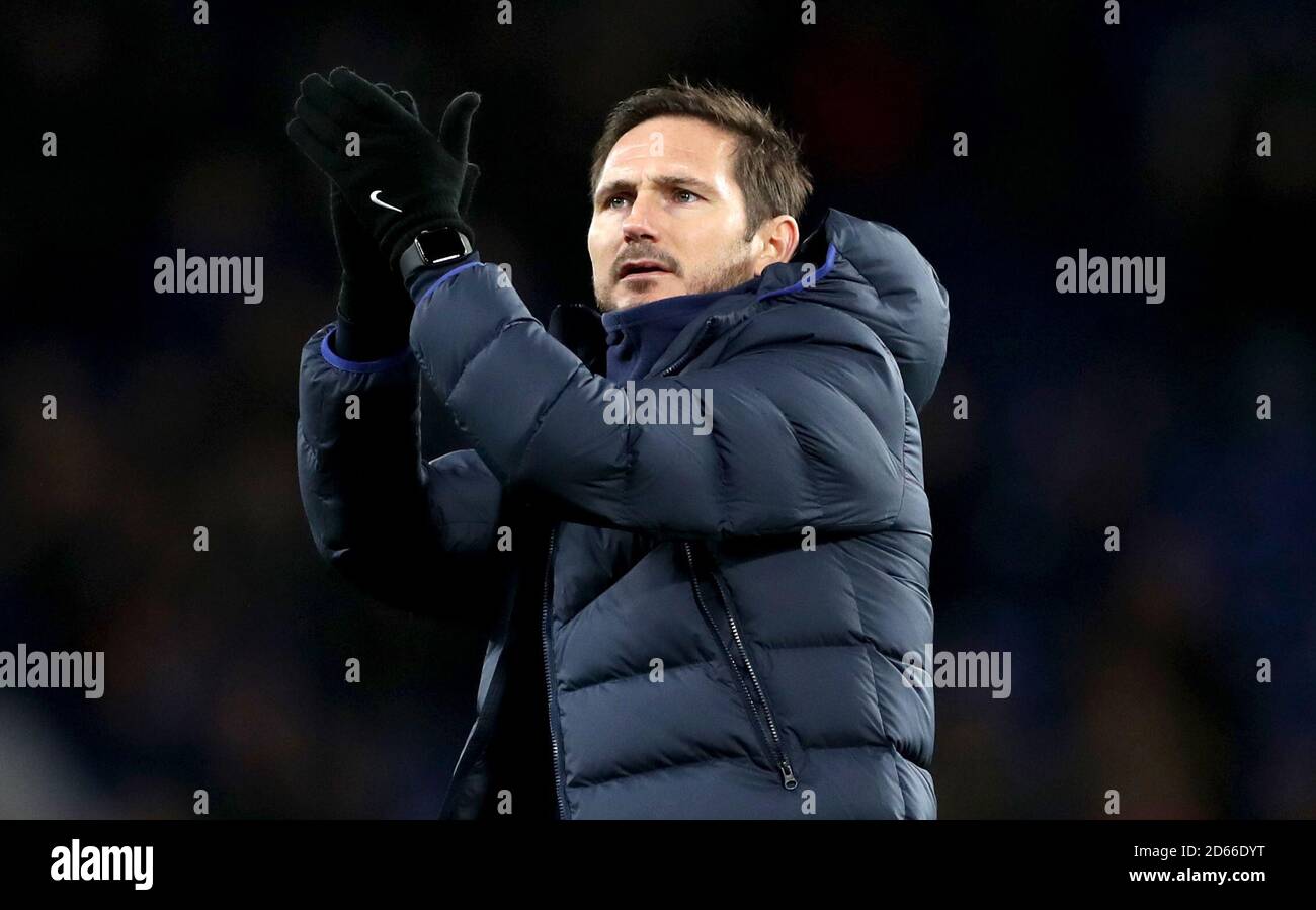 Chelsea manager Frank Lampard applauds the fans after the match Stock ...