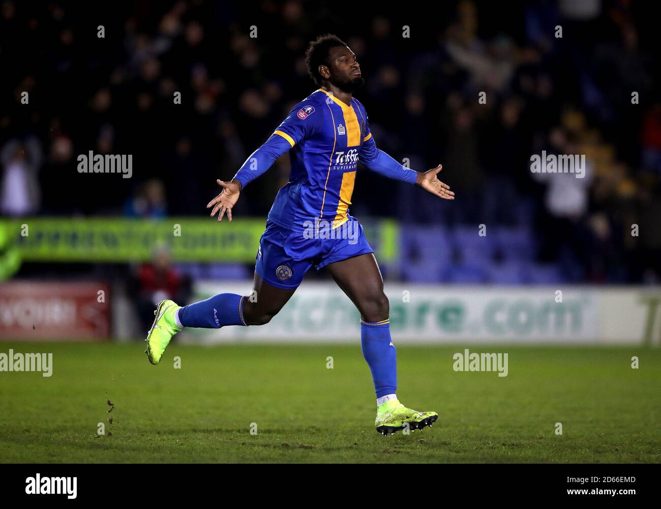 Shrewsbury Town's Aaron Pierre celebrates scoring his side's first goal ...