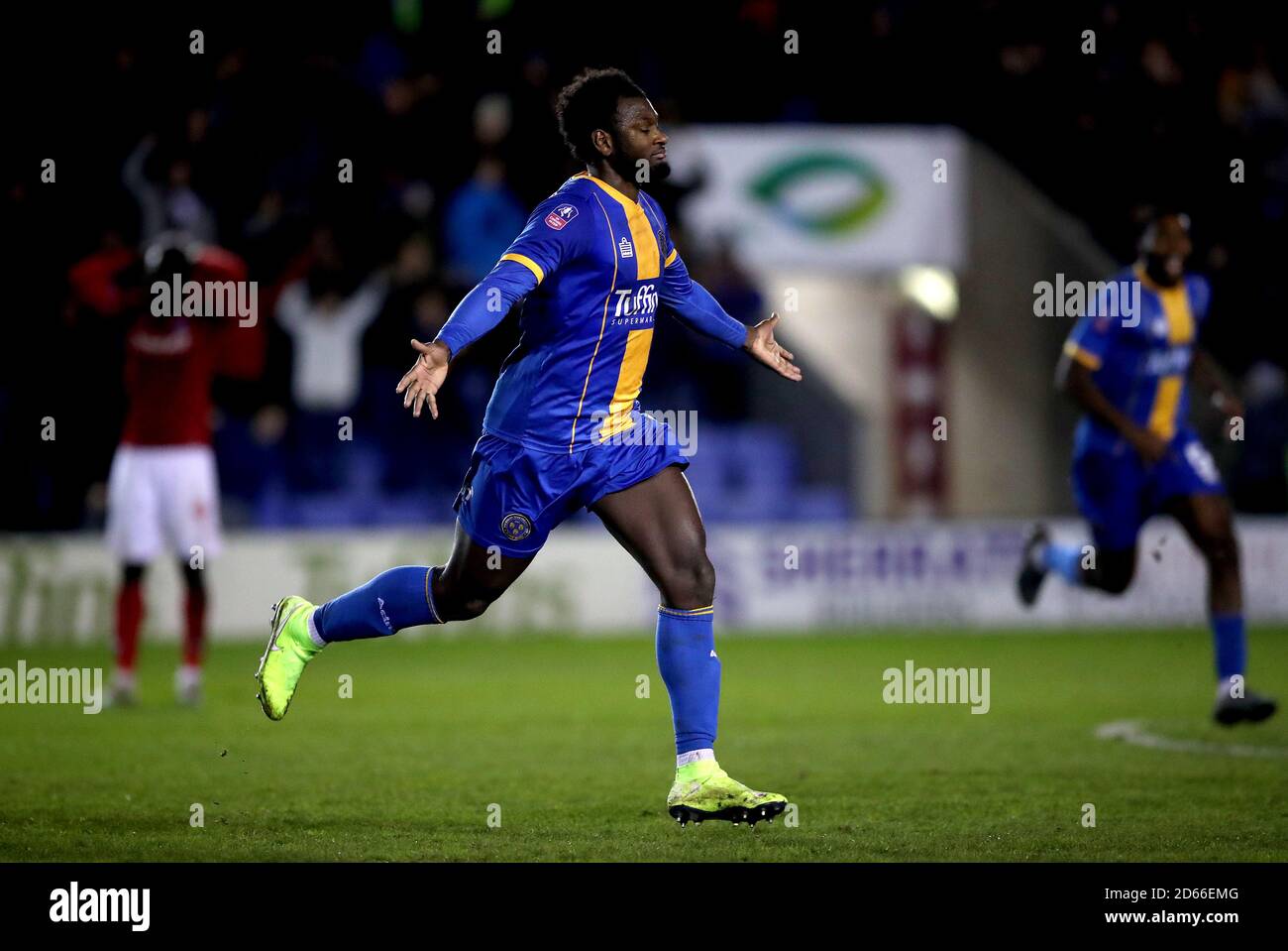 Shrewsbury Town's Aaron Pierre celebrates scoring his side's first goal ...