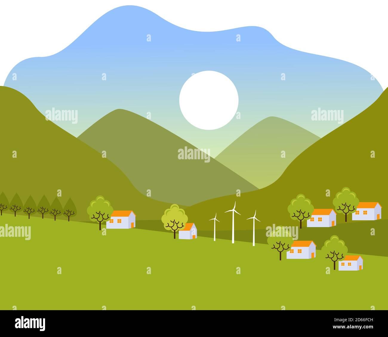 Mountains landscape windmill power generator with flat cartoon style ...