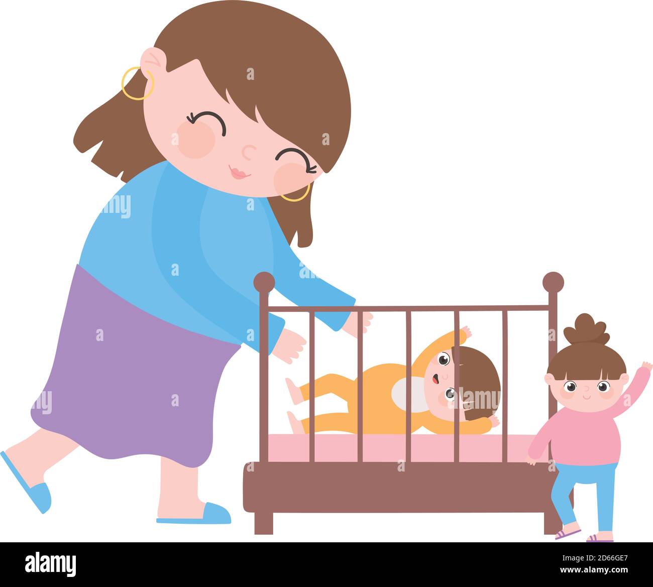 pregnancy and maternity, cute mom with her a baby in crib and little daughter cartoon vector ...