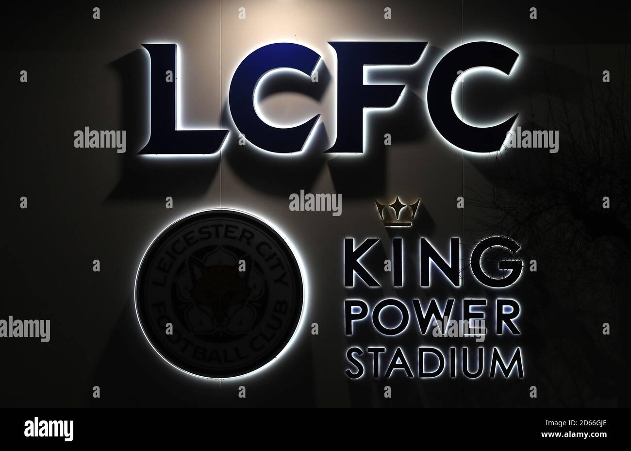 A LCFC King Power Stadium sign on the side of the ground Stock Photo ...