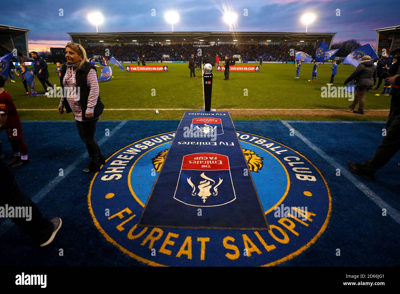 A general view of the stadium with Shrewsbury Town's logo Stock Photo ...