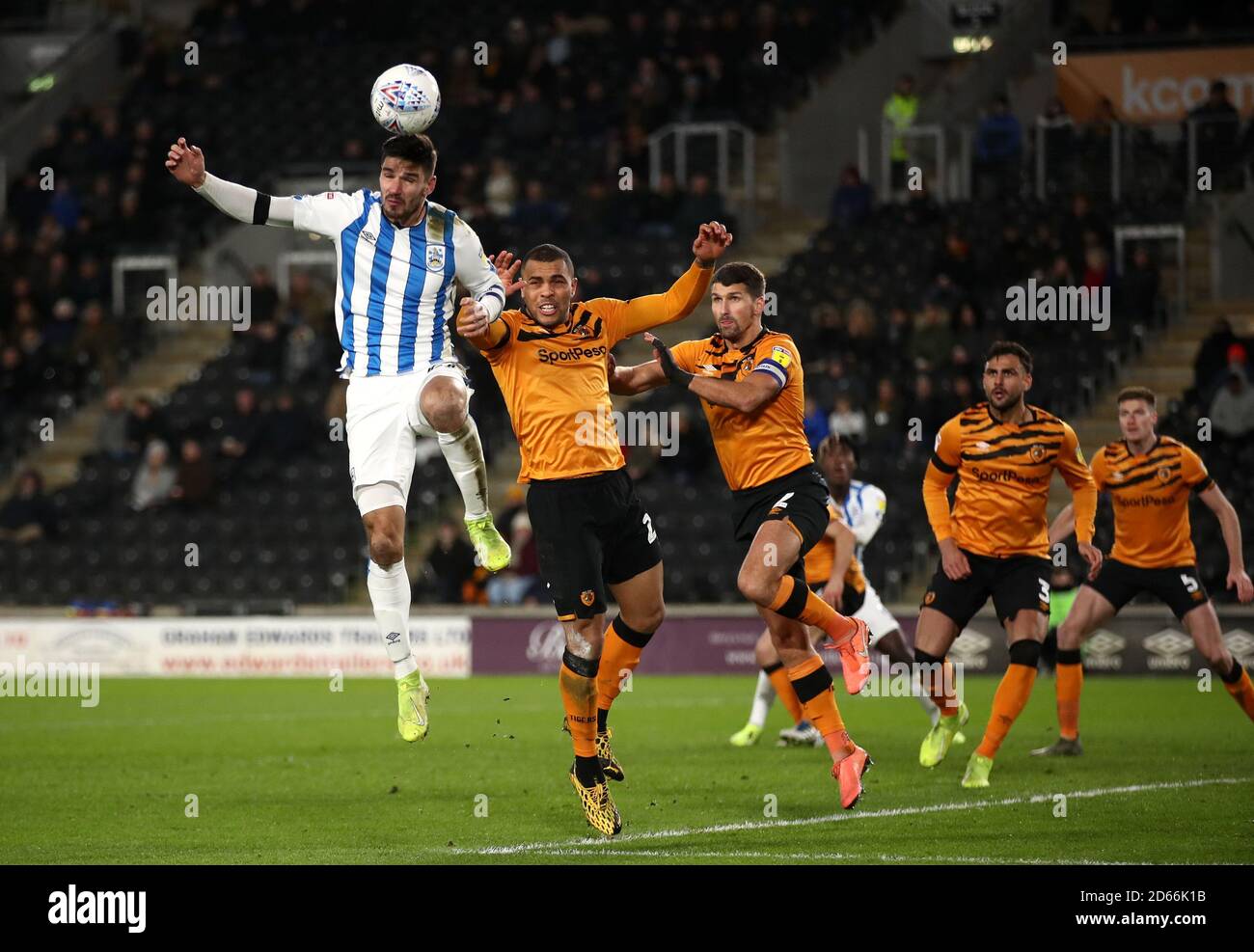 Huddersfield Town's Christopher Schindler heads towards goal Stock ...