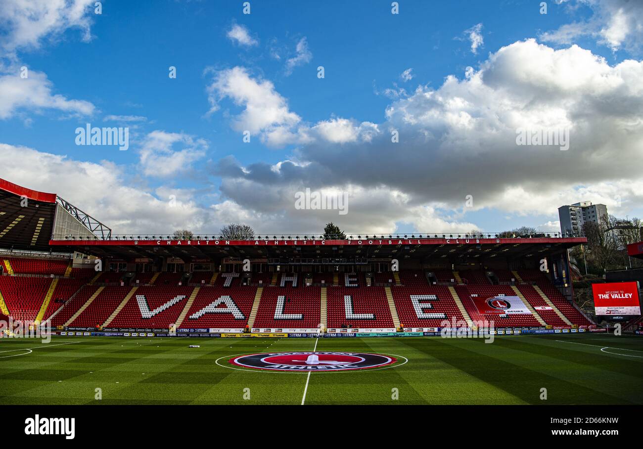 A club badge banner on the centre circle at The Valley, home of ...