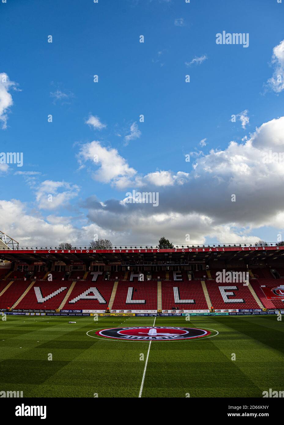 A club badge banner on the centre circle at The Valley, home of ...