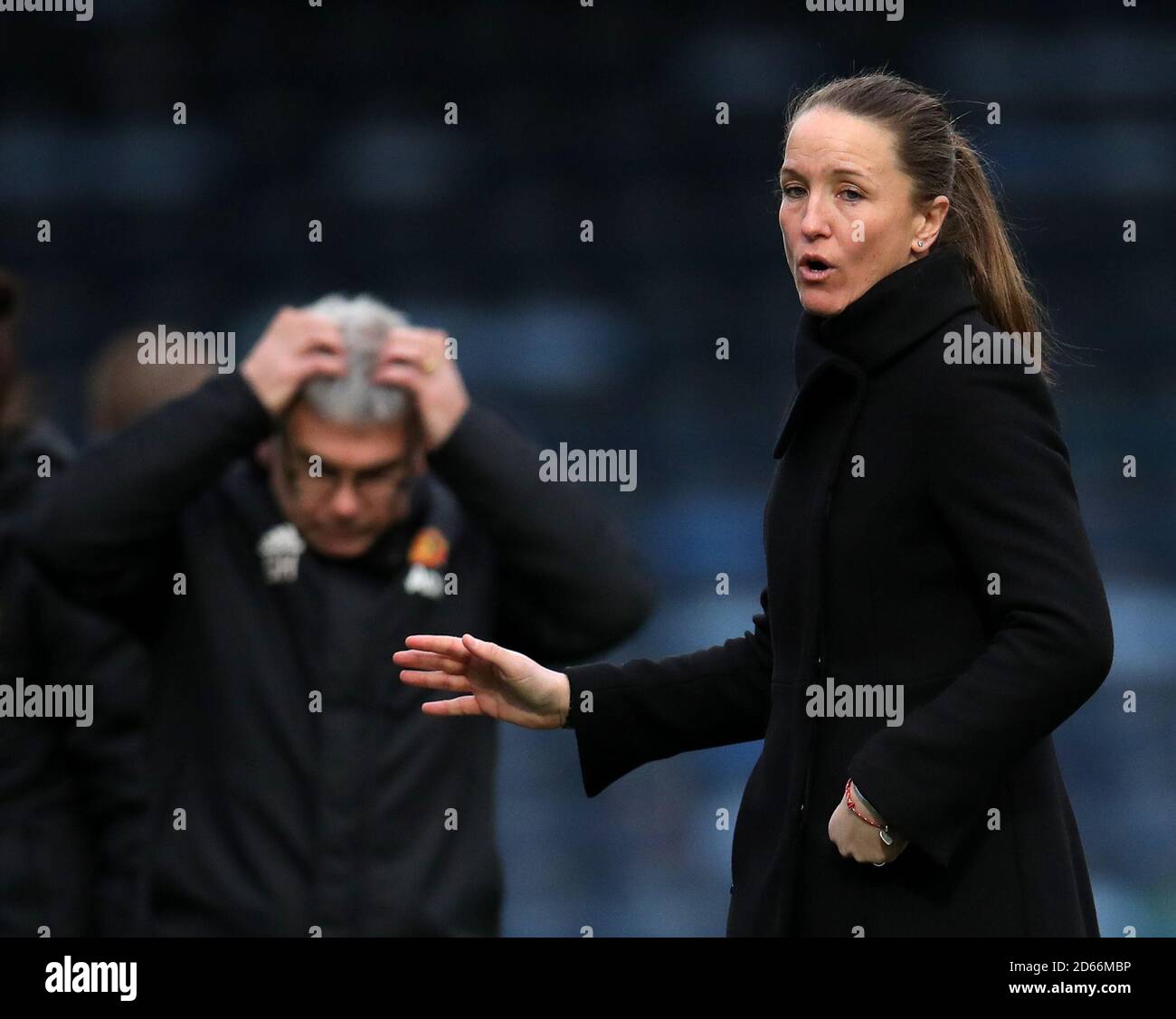 Manchester United's manager Casey Stoney looks shocked after a call is ...