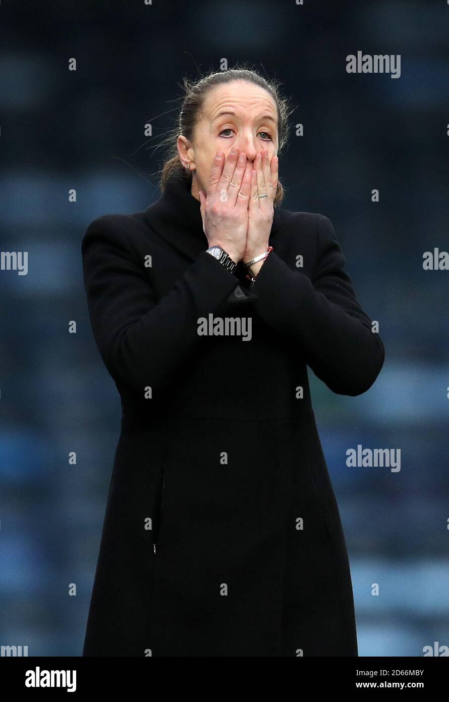 Manchester United's manager Casey Stoney looks shocked after a call is ...