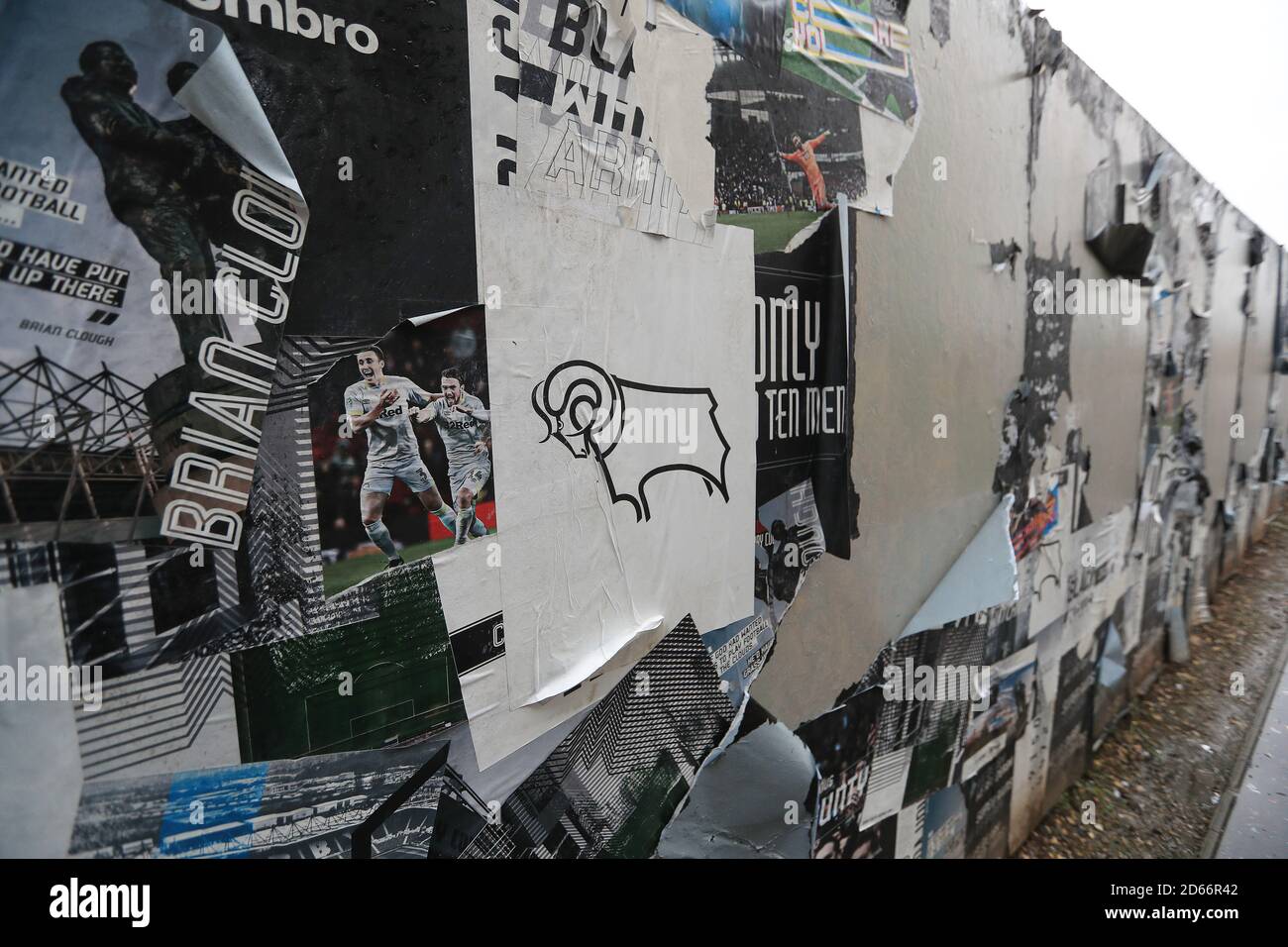 Posters on a wall outside Derby County's Pride Park stadium Stock Photo ...