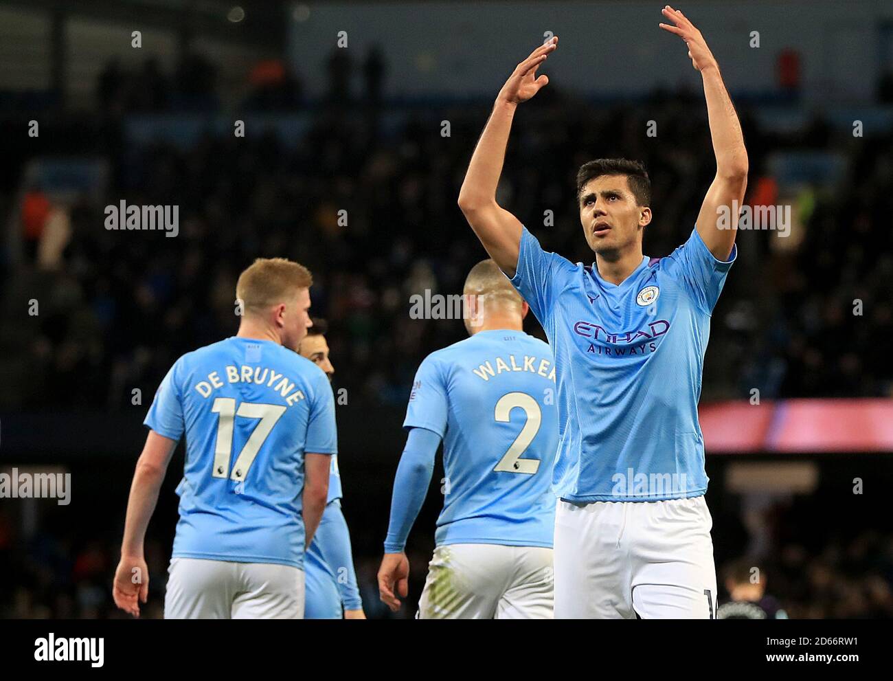 Manchester City's Rodrigo celebrates scoring his side's first goal of ...