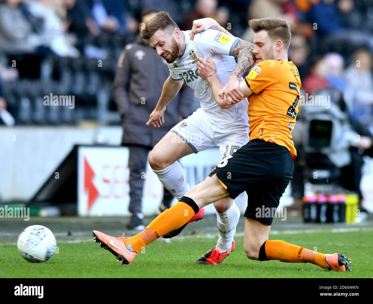 Leeds United's Stuart Dallas is tackled by Hull City's Callum Elder ...