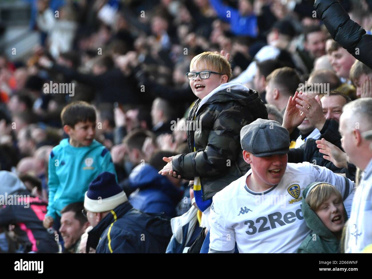 Fans celebrate as Leeds United's Tyler Roberts (not pictured) scores ...